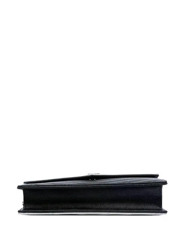 Saint Laurent 2018 Bicolor Grain De Poudre Chevron Monogram Envelope Chain Wallet - Black