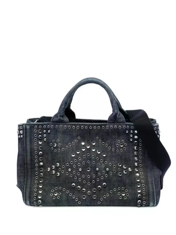 Prada Studded Denim Canapa Logo Satchel