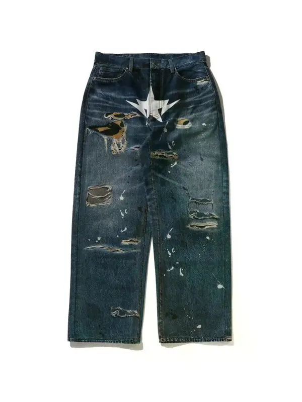 A BATHING APE Star-print Distressed Jeans - Blue