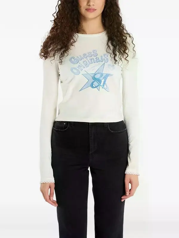 Guess Graphic-print Lace-trim T-shirt