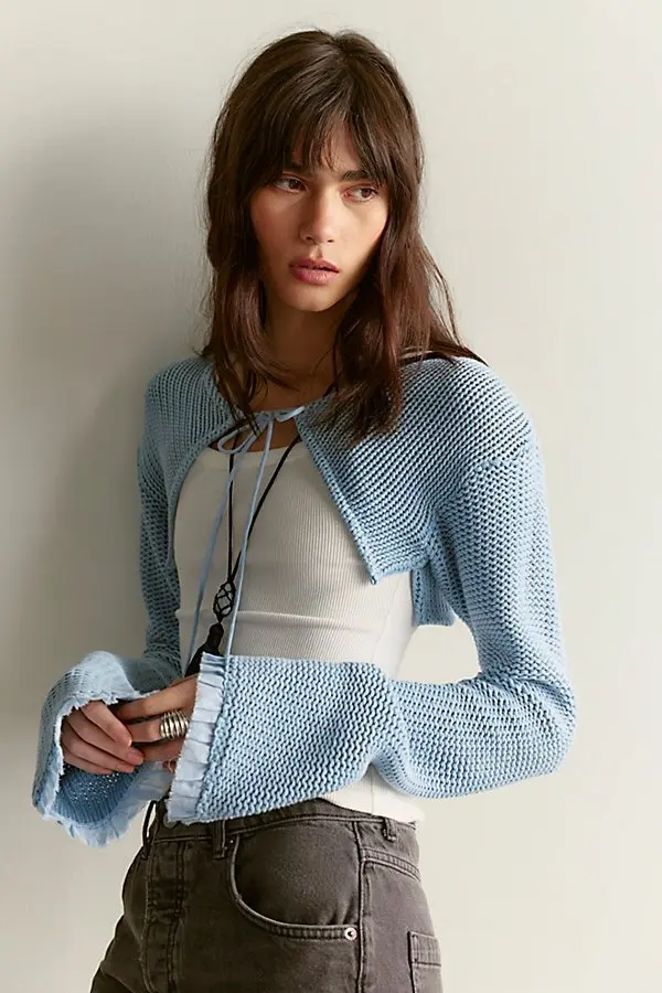 Free People Dafne Knit Bolero With Lace-adorned Sleeves - Lake Tahoe