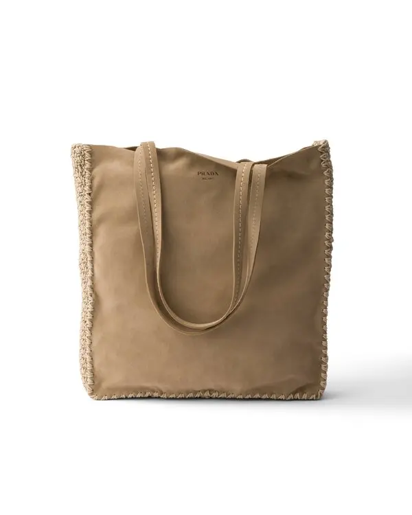 Prada Large Suede And Crochet Tote - Neutral