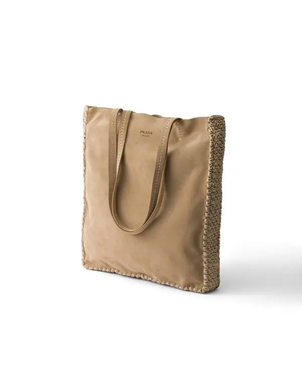 Prada Large Suede And Crochet Tote - Neutral