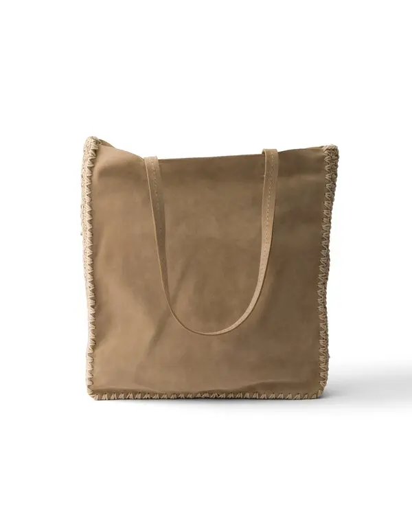 Prada Large Suede And Crochet Tote - Neutral