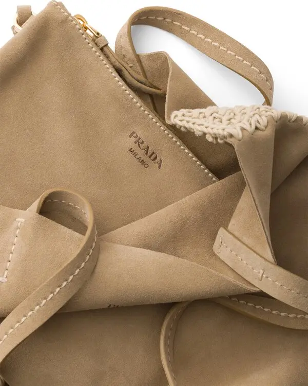 Prada Large Suede And Crochet Tote - Neutral