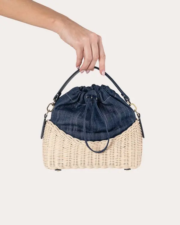 Rodo Nadine Wicker Denim Bucket Bag