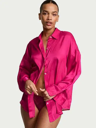 Victoria's Secret Luxe Sheer Satin Button-front Shirt - Pink