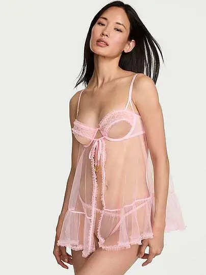 Victoria's Secret Tease Open-cup Ruffled Babydoll Set - Pink
