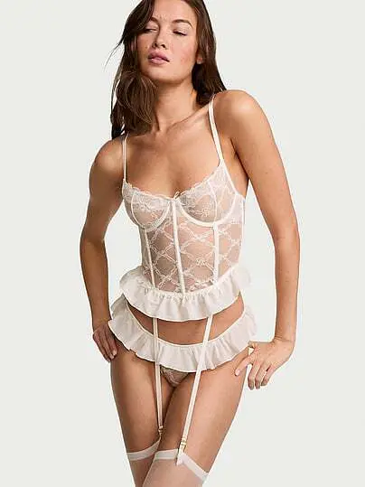 Victoria's Secret Tease Bow Lace Garter Corset Top - White,ivory
