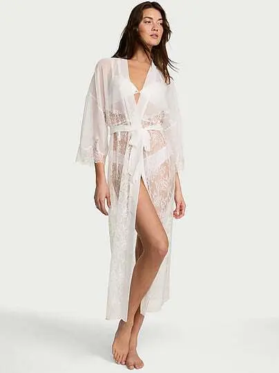 Victoria's Secret Sheer Rose Lace Long Robe - White,ivory