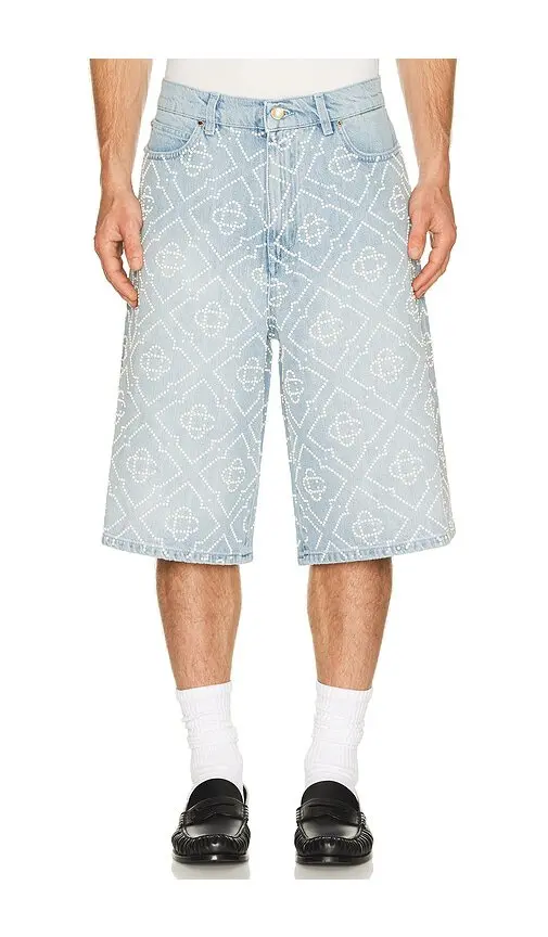 Casablanca Pearl Embellished Denim Shorts - Blue