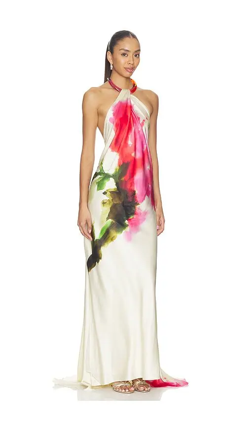 Silvia Tcherassi Halterneck Silk Blend Gown With Acrylic Detail - Cream