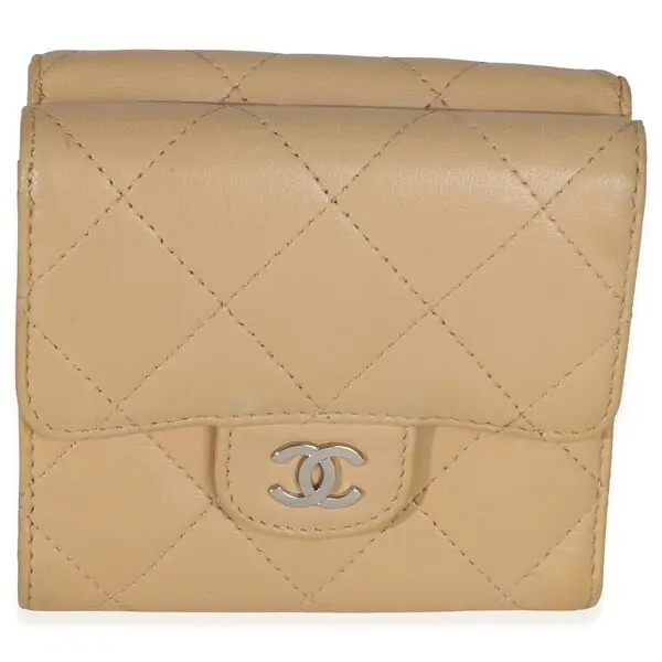 Chanel Tan Quilted Lambskin Compact Card Holder Wallet - Beige