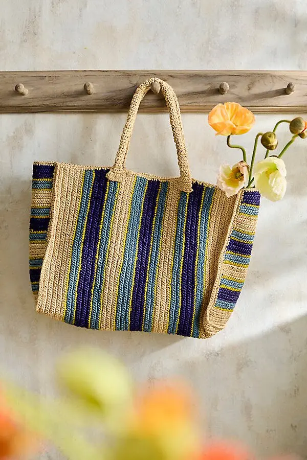 TERRAIN Striped Raffia Tote - Blue