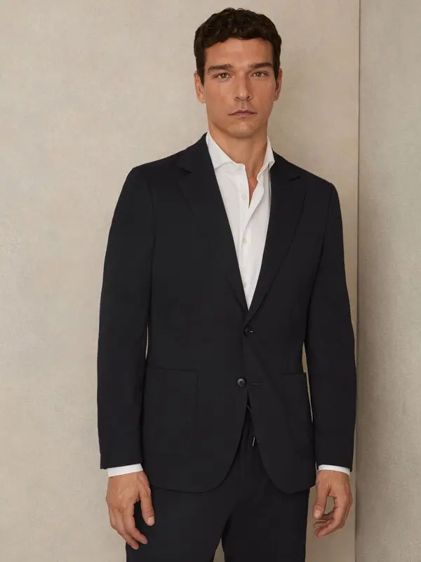 REISS Gerrard Tailored Fit Textured Jersey Single-breasted Suit Blazer - Navy