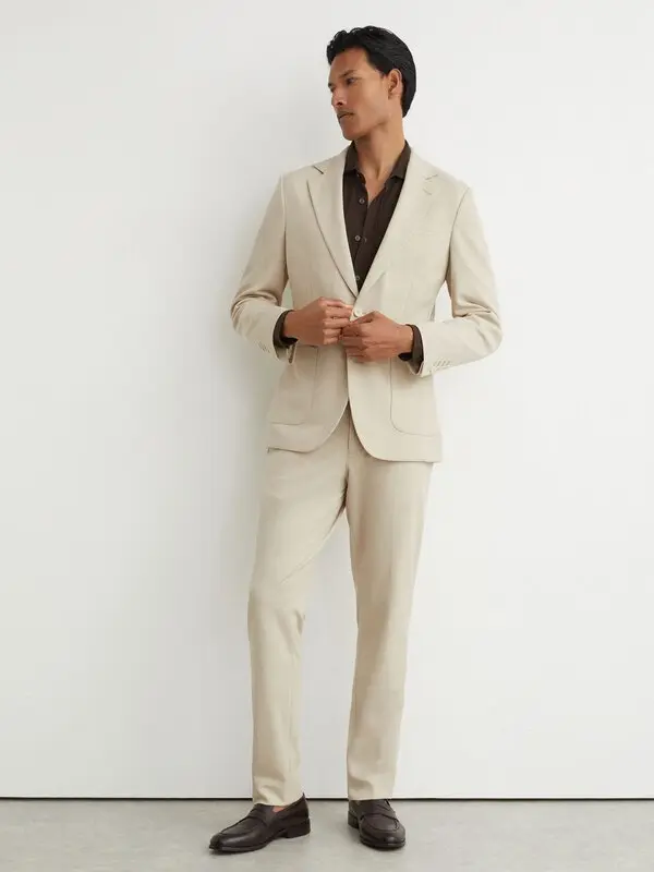 REISS Gerrard Tailored Fit Textured Jersey Single-breasted Suit Blazer - Stone