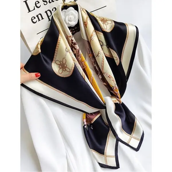 SILKSILKY Pure Mulberry Silk Printed Square Shawl Scarf - Black
