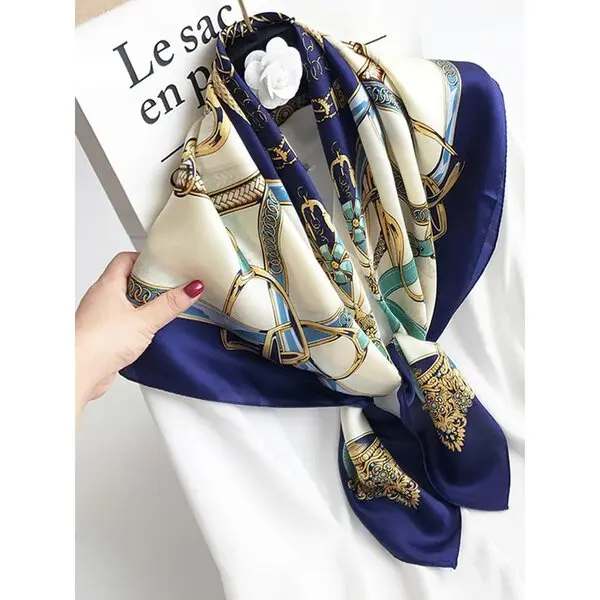 SILKSILKY Pure Mulberry Silk Printed Square Shawl Scarf - Dark Blue