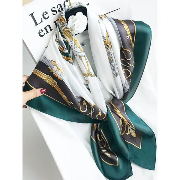 SILKSILKY Pure Mulberry Silk Printed Square Shawl Scarf - Darkgreen