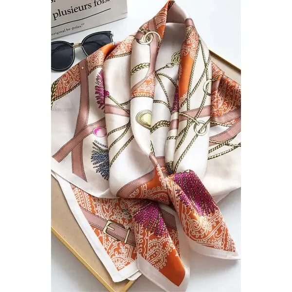 SILKSILKY Pure Mulberry Silk Printed Square Shawl Scarf - Orange