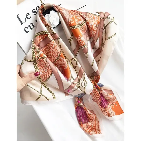 SILKSILKY Pure Mulberry Silk Printed Square Shawl Scarf - Orange