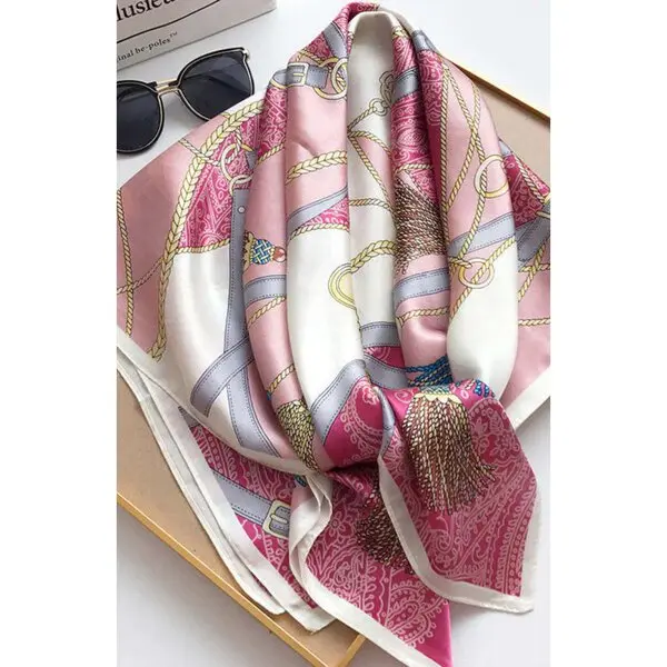 SILKSILKY Pure Mulberry Silk Printed Square Shawl Scarf - Pink