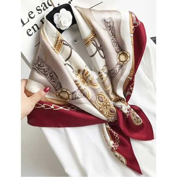 SILKSILKY Pure Mulberry Silk Printed Square Shawl Scarf - Wine