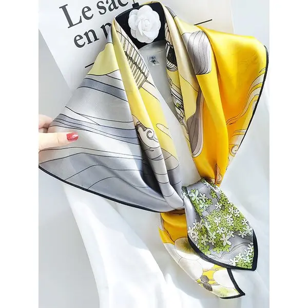 SILKSILKY Pure Mulberry Silk Printed Square Shawl Scarf - Yellow