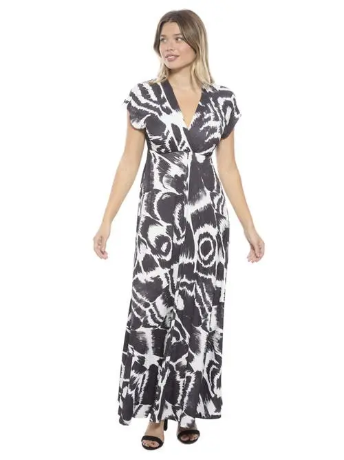 24SEVEN COMFORT APPAREL Essential Abstract V-neck Empire Waist Cap Sleeve Maxi Dress - Black Multi