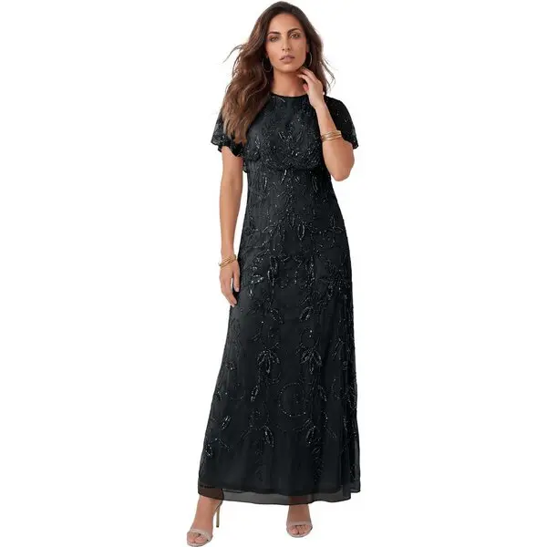 Roaman's Beaded Capelet Maxi Gown - Black