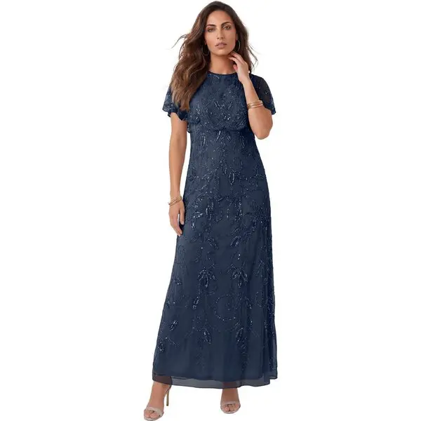 Roaman's Beaded Capelet Maxi Gown - Navy