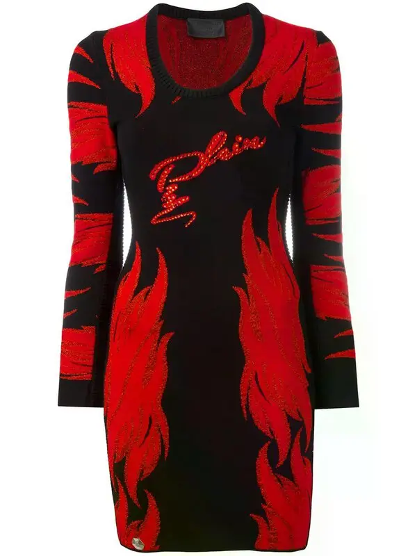 Philipp Plein Flame-pattern Knitted Dress - Black