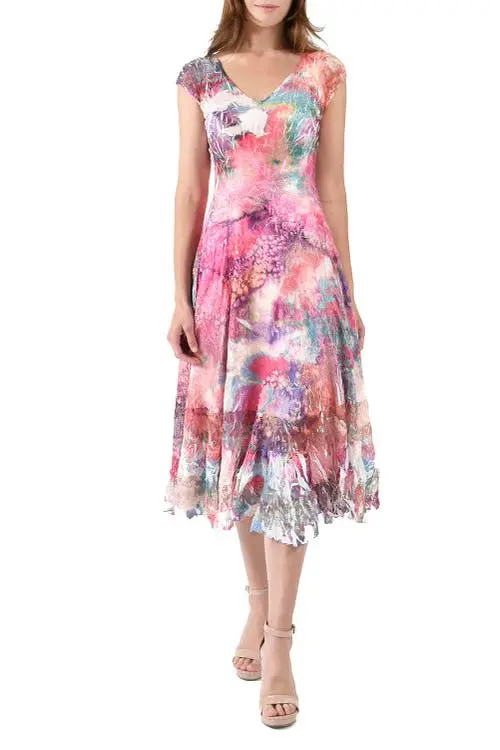 Komarov Pleated Lace Cap Sleeve Charmeuse Dress