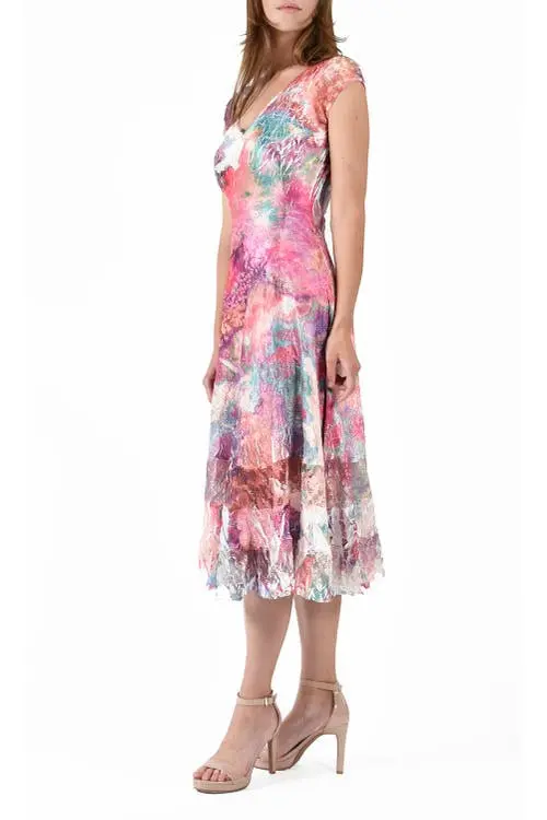 Komarov Pleated Lace Cap Sleeve Charmeuse Dress