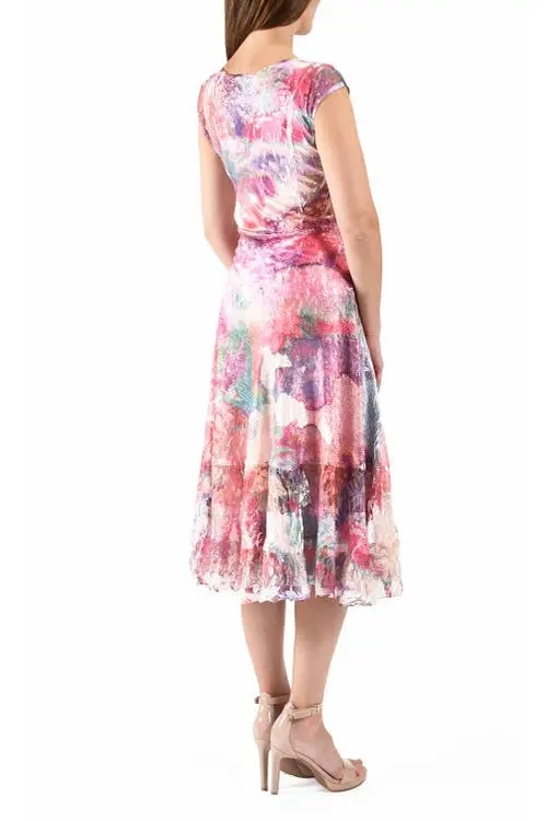Komarov Pleated Lace Cap Sleeve Charmeuse Dress