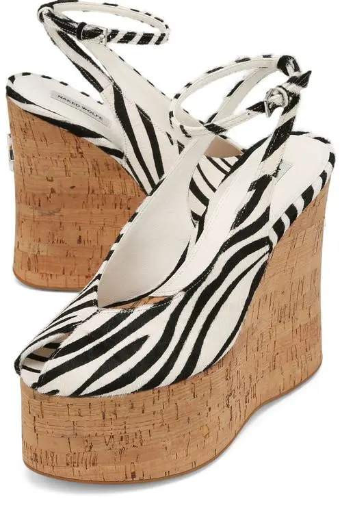 NAKED WOLFE Tansy Patent Wedge Sandals With Ankle Strap - Zebra