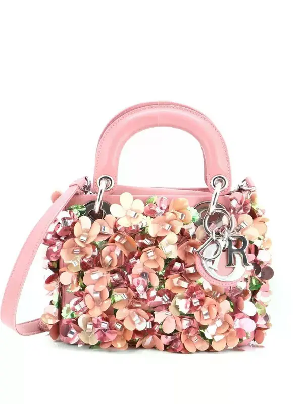 Dior Lady Flower Charm Bag Embellished Leather Mini Satchel - Pink