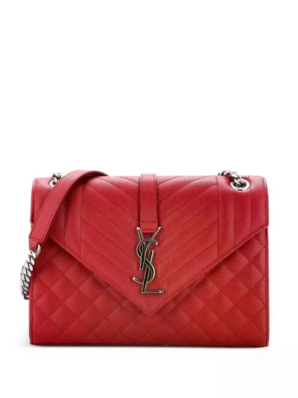 Saint Laurent Classic Monogram Envelope Satchel Mixed Matelasse Leather Medium Shoulder Bag - Red