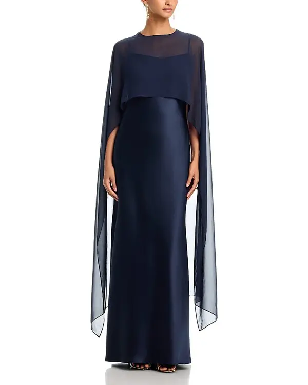 Aqua Long Satin Dress With Chiffon Overlay - Navy