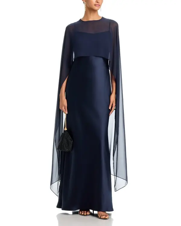Aqua Long Satin Dress With Chiffon Overlay