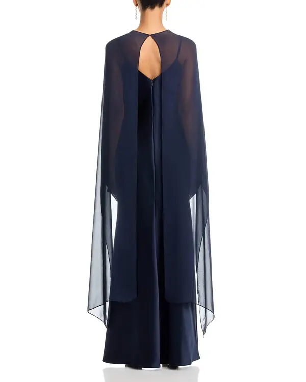 Aqua Long Satin Dress With Chiffon Overlay