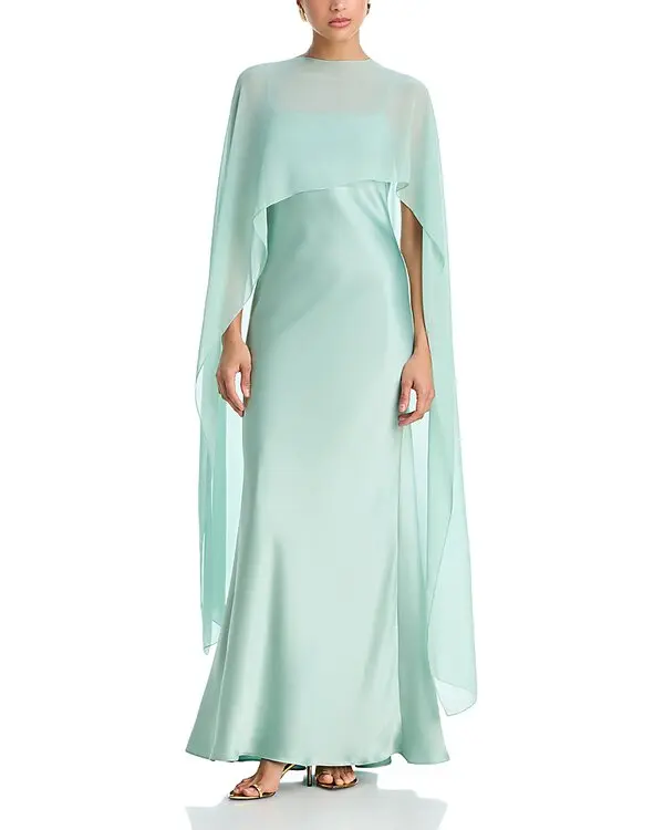 Aqua Long Satin Dress With Chiffon Overlay - Sage