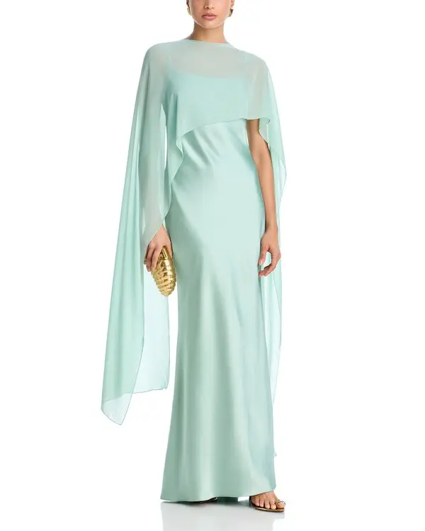 Aqua Long Satin Dress With Chiffon Overlay - Sage