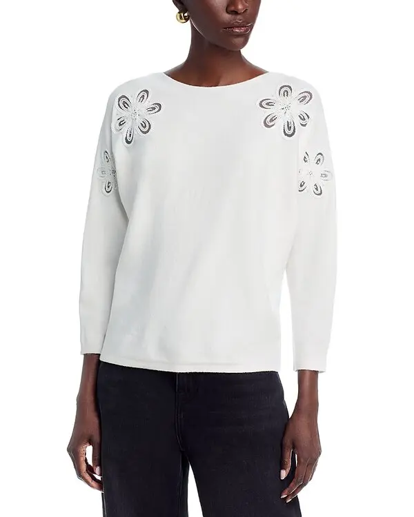 SIONI Flower Embellished Dolman Sleeve Sweater - Eggshell