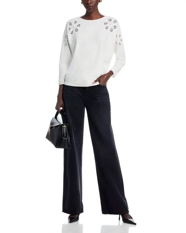 SIONI Flower Embellished Dolman Sleeve Sweater - Eggshell