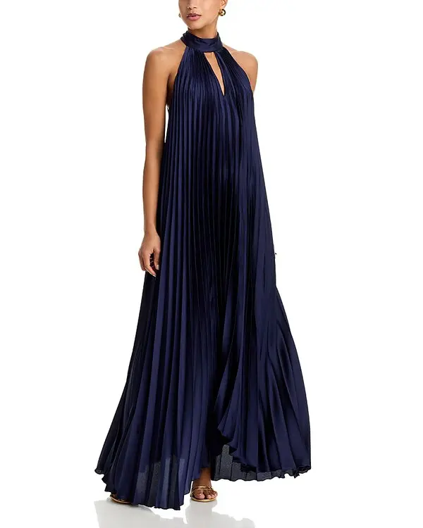 Aqua High Neck Pleated Satin Gown - Navy