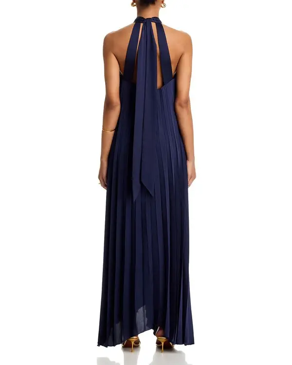 Aqua High Neck Pleated Satin Gown - Navy