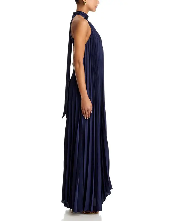 Aqua High Neck Pleated Satin Gown - Navy