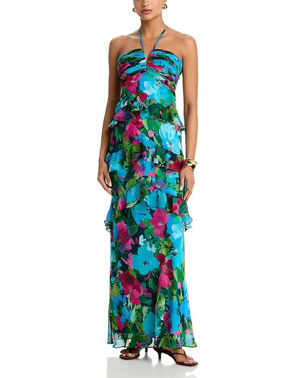 Aqua Chiffon Floral Print Ruffle Dress - Turq/multi