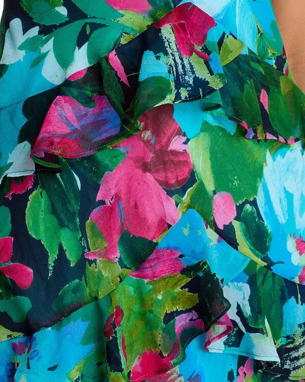 Aqua Chiffon Floral Print Ruffle Dress